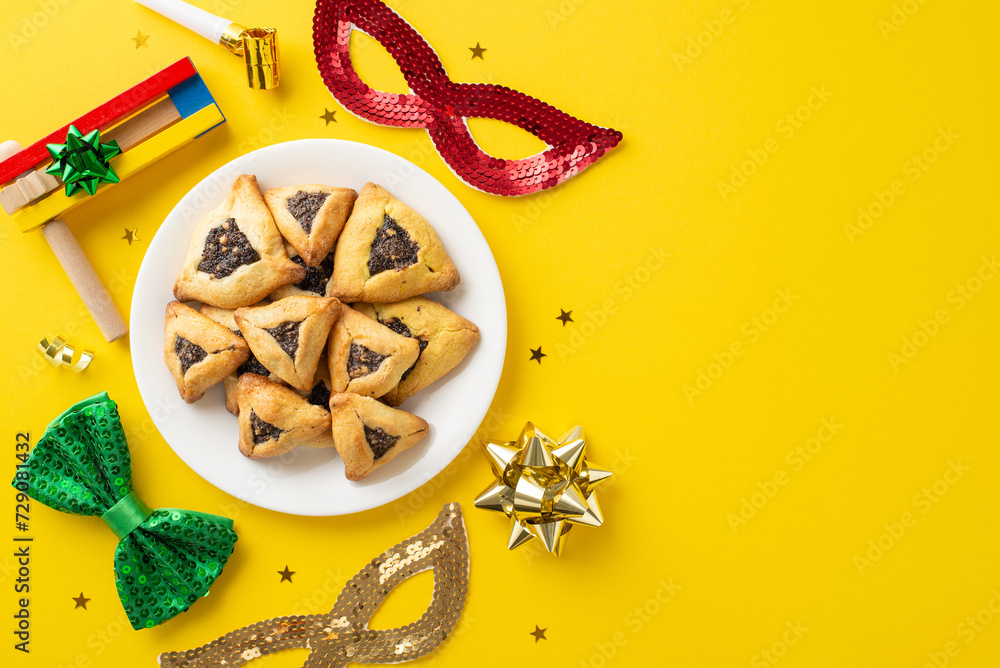Purim holiday concept from top view, highlighting traditional cookies ...