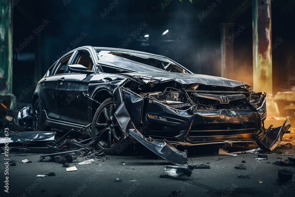 Isolated of the condition of a long black sedan, which was demolished ...