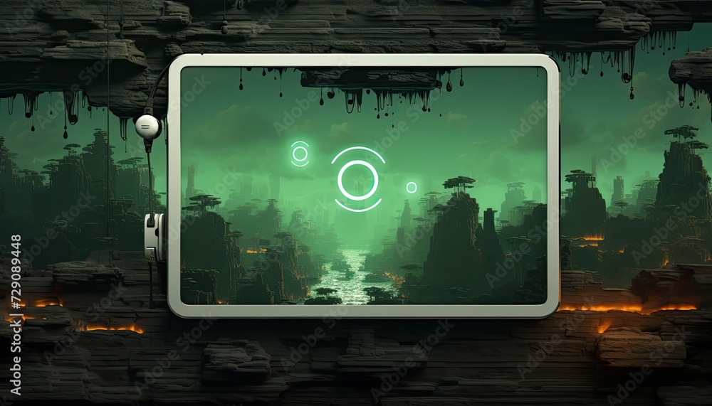 Top view of white tablet framing a dark green digital jungle landscape ...