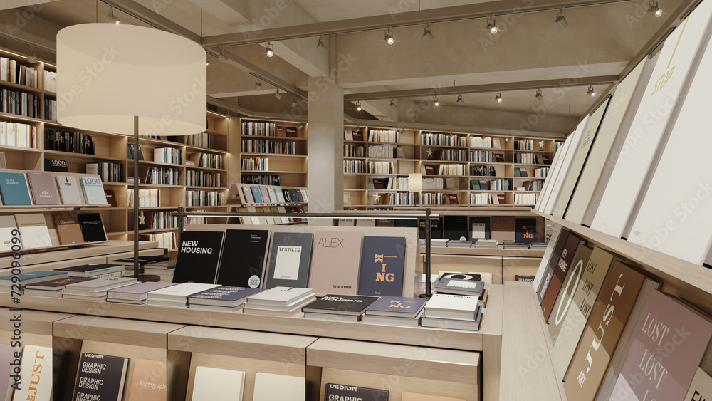 Bookcase full of books in contemporary, cozy interior book store ...
