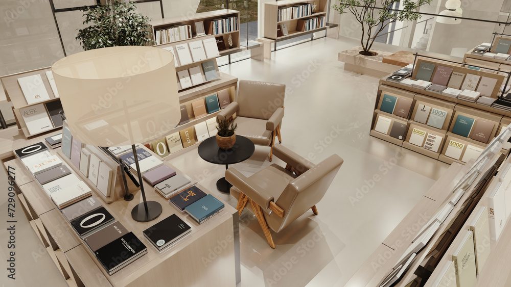 Bookcase full of books in contemporary, cozy interior book store ...