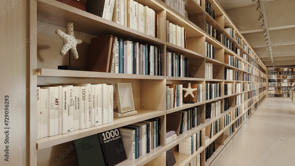 Bookcase full of books in contemporary, cozy interior book store ...