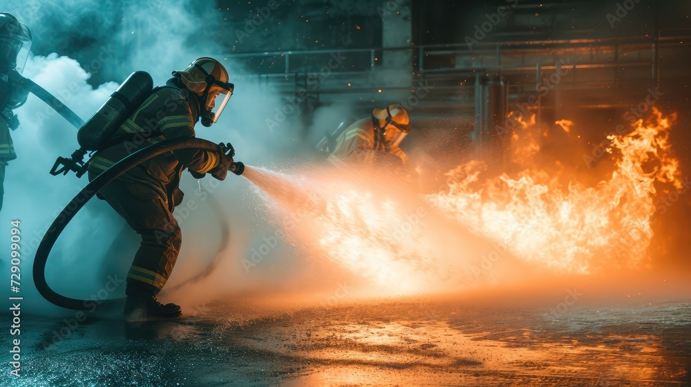 Panoramic firefighters using Twirl water fog type fire extinguisher to ...