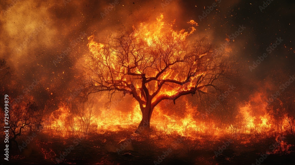 tree devoured by flames. Forest fire affecting the city with roads and ...