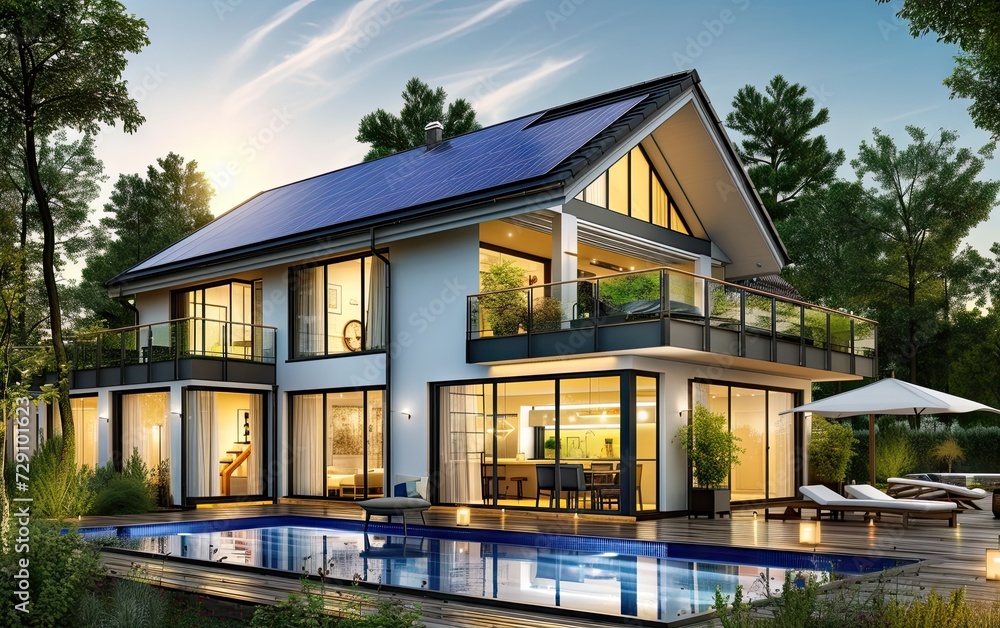 Modern single family house with solar panels on roof blending luxury ...