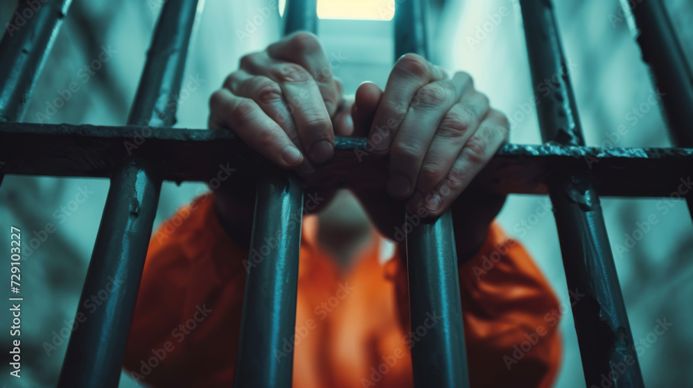 person's hands grasping the bars of a prison cell, dressed in an orange ...