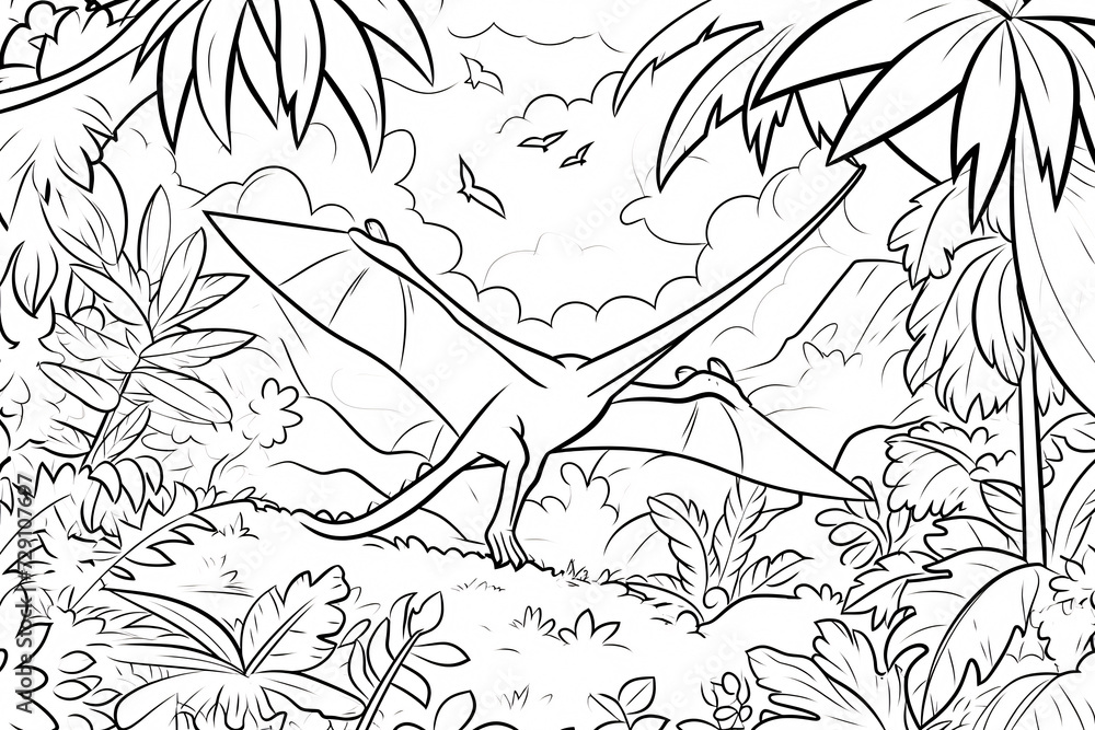 Pteranodon Dinosaur Black White Linear Doodles Line Art Coloring Page ...