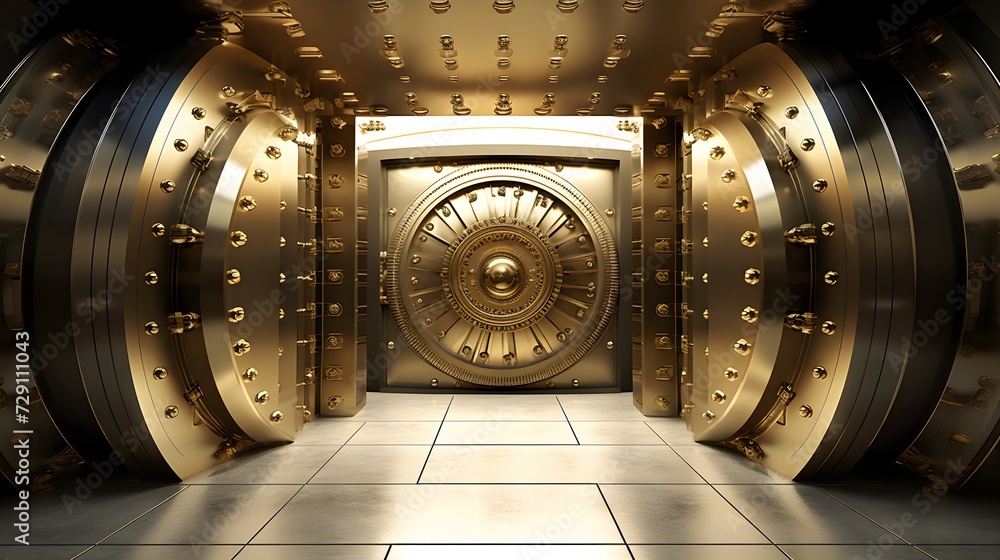 Bank vault with open door store gold bar inside in gold vault money dollar and euro vault inside ...