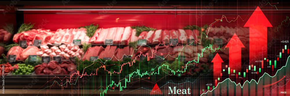 Deli display with various meats overlayed with rising financial charts ...