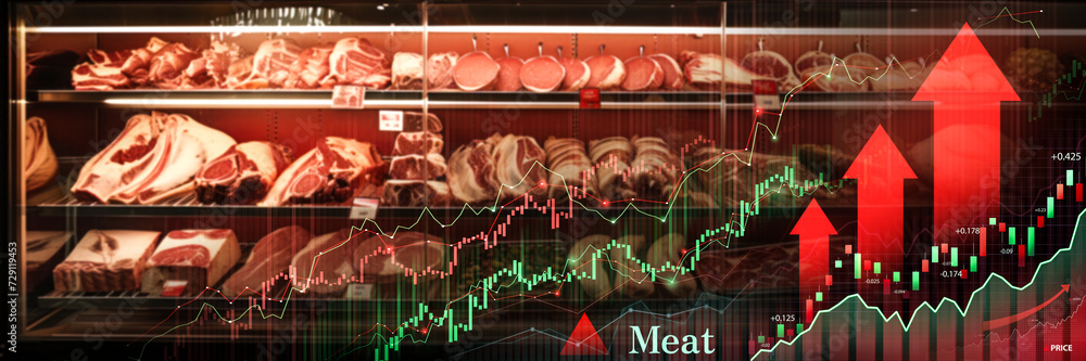 Deli display with various meats overlayed with rising financial charts ...