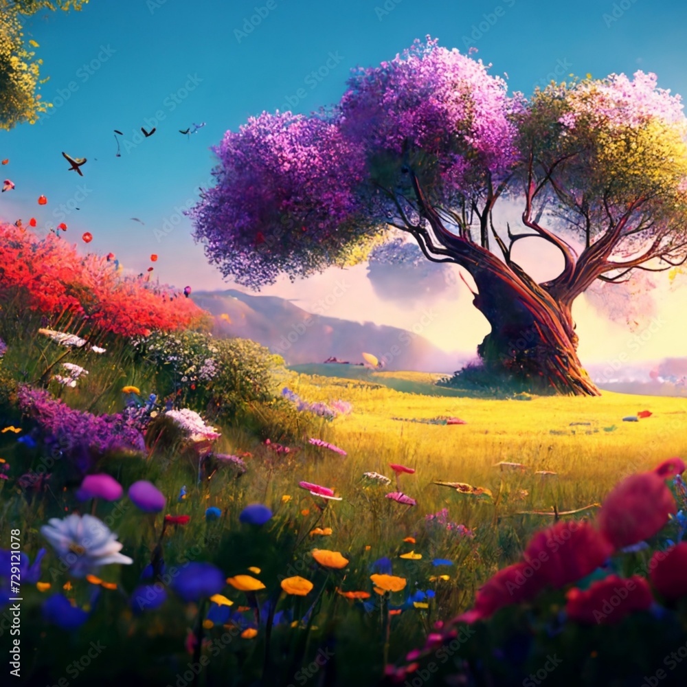 A whimsical meadow adorned with radiant flowers that emit a calming ...