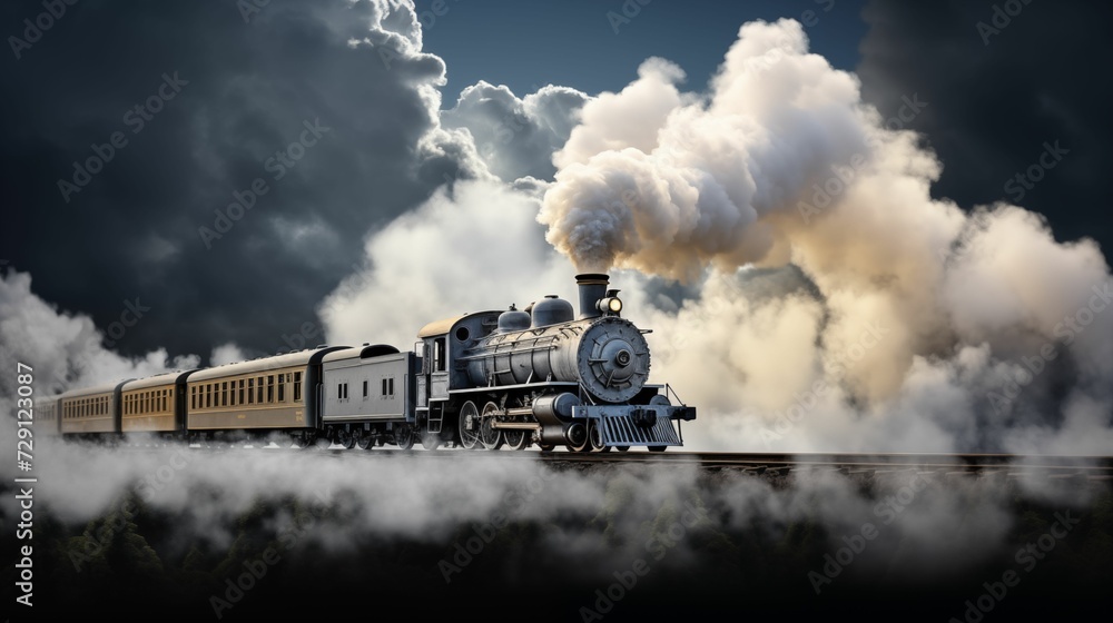 Steam locomotive emitting puffs of white smoke. Steam train with white ...