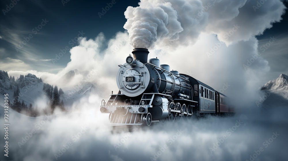 Steam locomotive emitting puffs of white smoke. Steam train with white ...