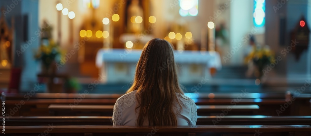 Christian woman praying at church altar, seeking guidance from ...