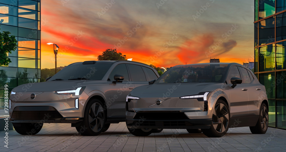 Volvo EX30 and Volvo EX90 together against the backdrop of a modern ...