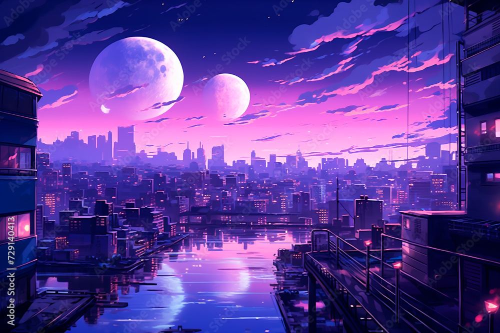Generative AI illustration of lo-fi Night Skyline and Purple Hues ...