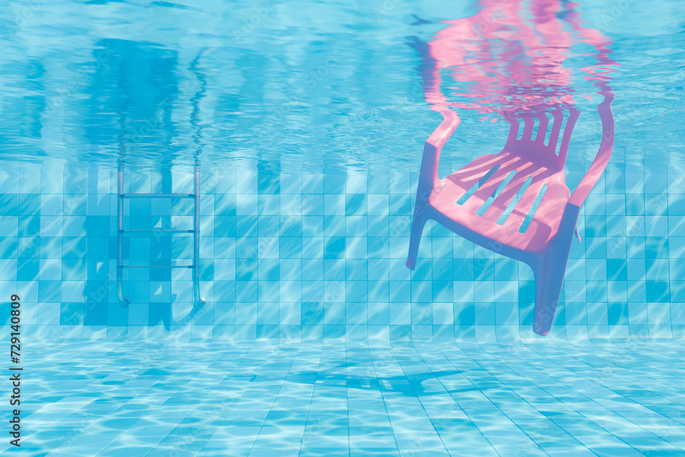 Underwater view of a pink plastic chair submerged in a swimming pool ...