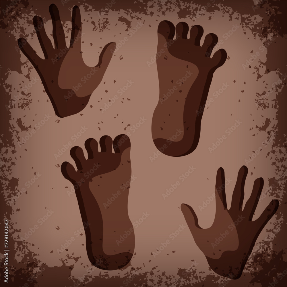Grunge art with Neanderthal footprint and handprint. Leg and hand trace ...