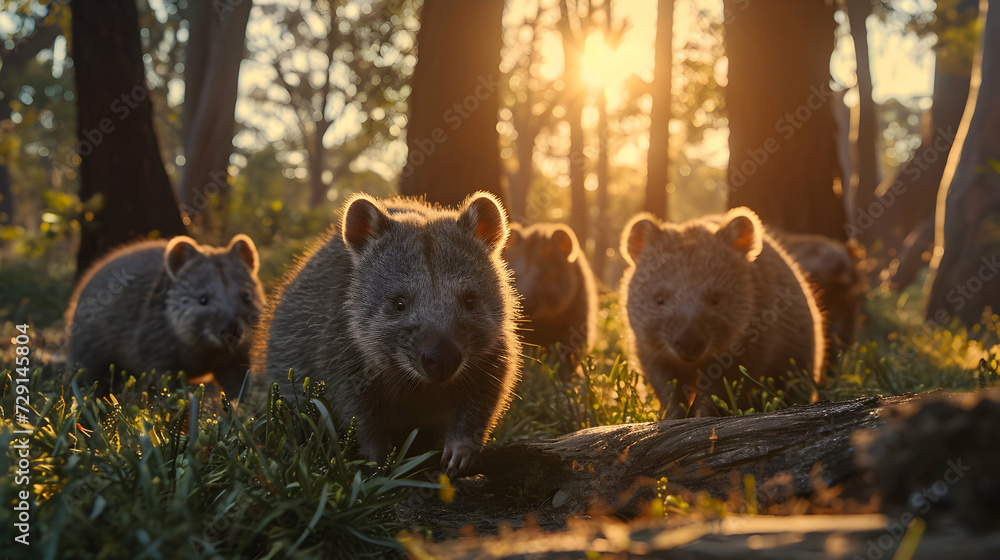 Wombat family in the forest with setting sun shining. Group of wild ...