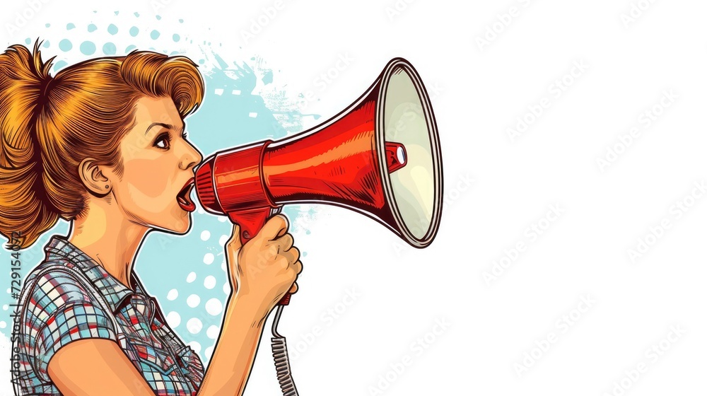 Pop art girl with megaphone. Woman with loudspeaker on white background ...