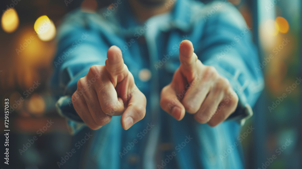 person in a denim jacket is pointing directly at the camera, with the ...