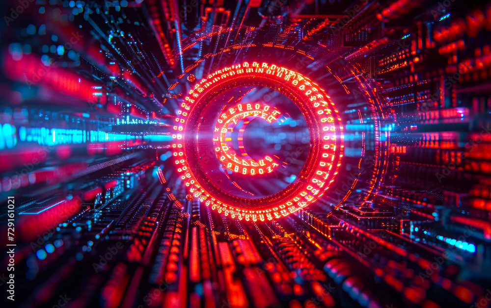 Vibrant digital copyright symbol encircled by neon cyber structures ...