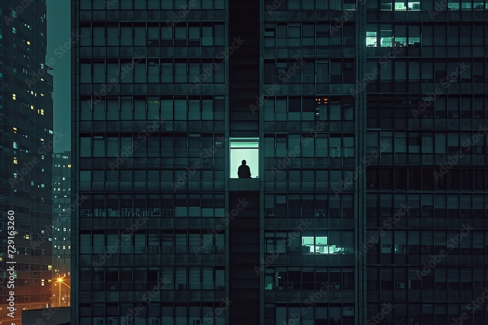 Silloutte of a person sitting by a window in a cyberpunk high-rise ...