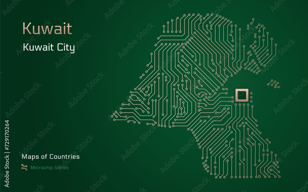 Vetor de Kuwait Map with a capital of Kuwait City Shown in a Microchip ...