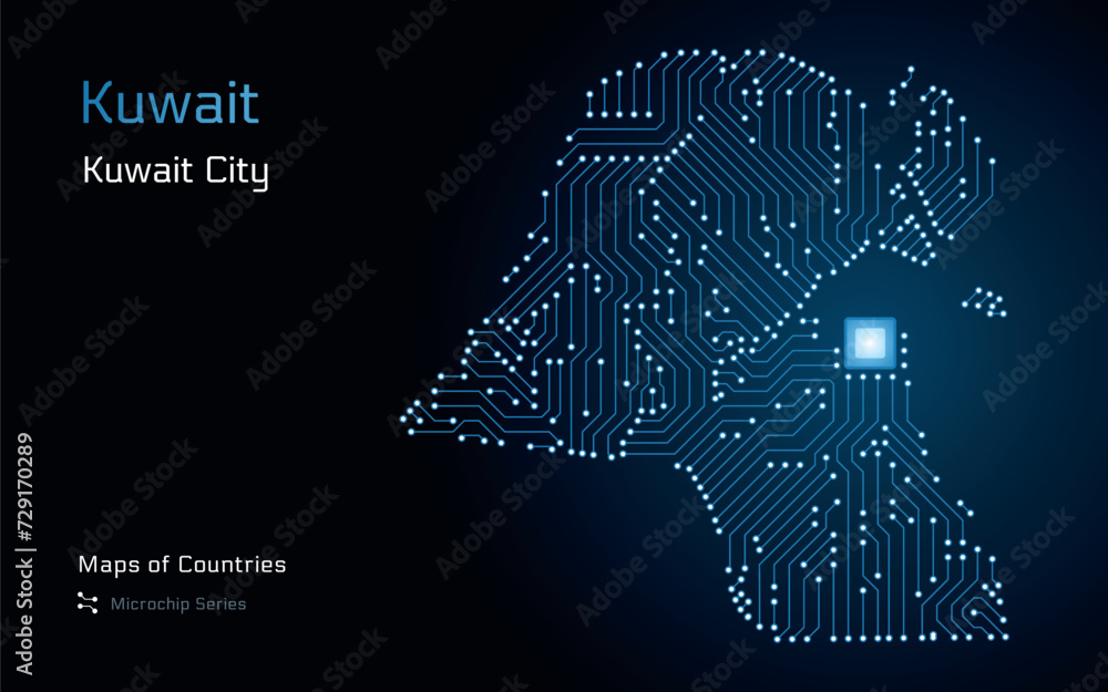 Kuwait Map with a capital of Kuwait City Shown in a Microchip Pattern ...