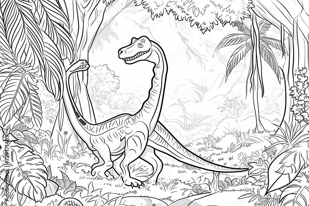 Compsognathus Dinosaur Black White Linear Doodles Line Art Coloring ...