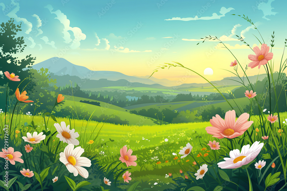 Cartoon meadow spring country meadow landscape background of a ...
