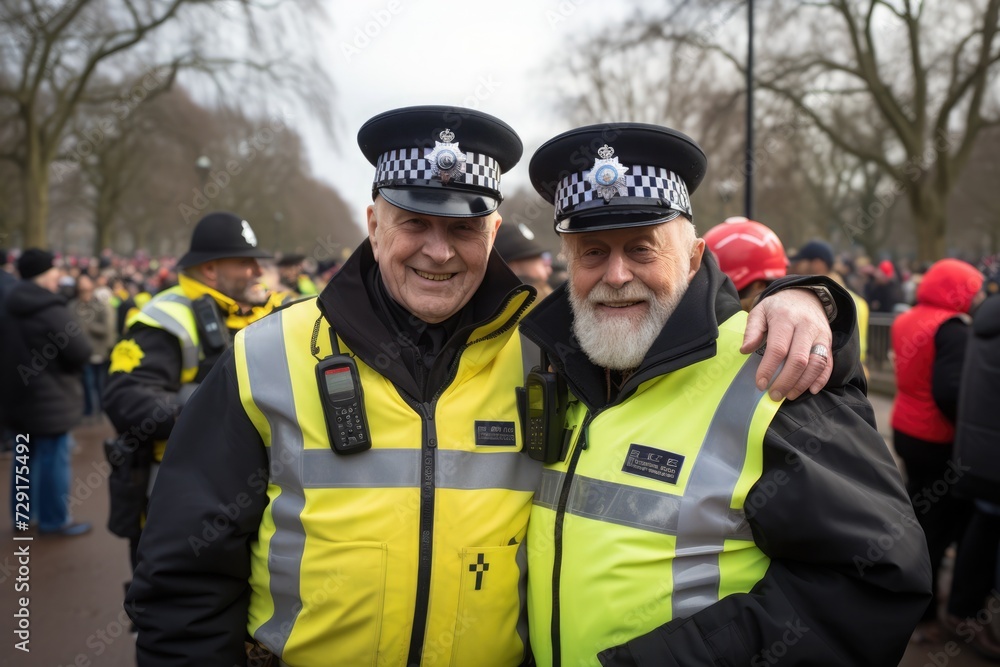 Two smiling police officers in hi-vis jackets pose for a photo with ...