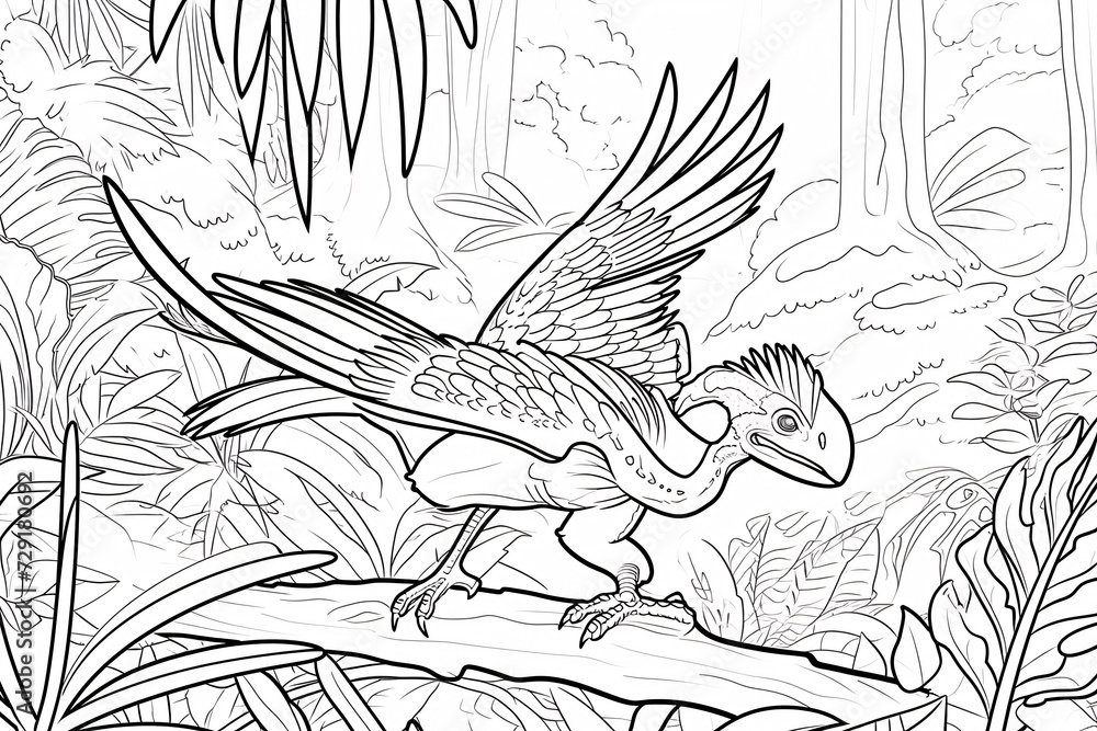 Microraptor Dinosaur Black White Linear Doodles Line Art Coloring Page ...