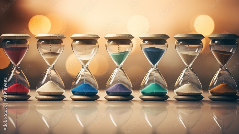 Row of Seven Colorful Sand Timers Against a Warm Bokeh Background. The ...