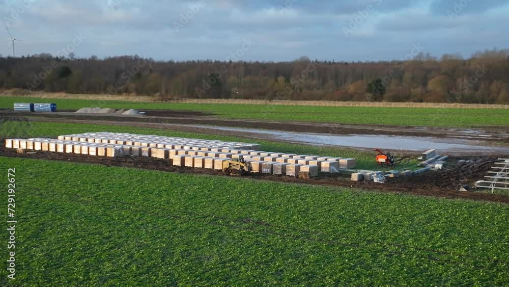 Footage of pallets with racks for solar panels, solar modules and ...