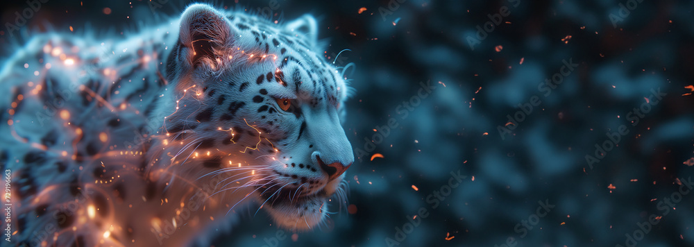 Futuristic snow leopard banner. Energized snow leopard. Electrified ...