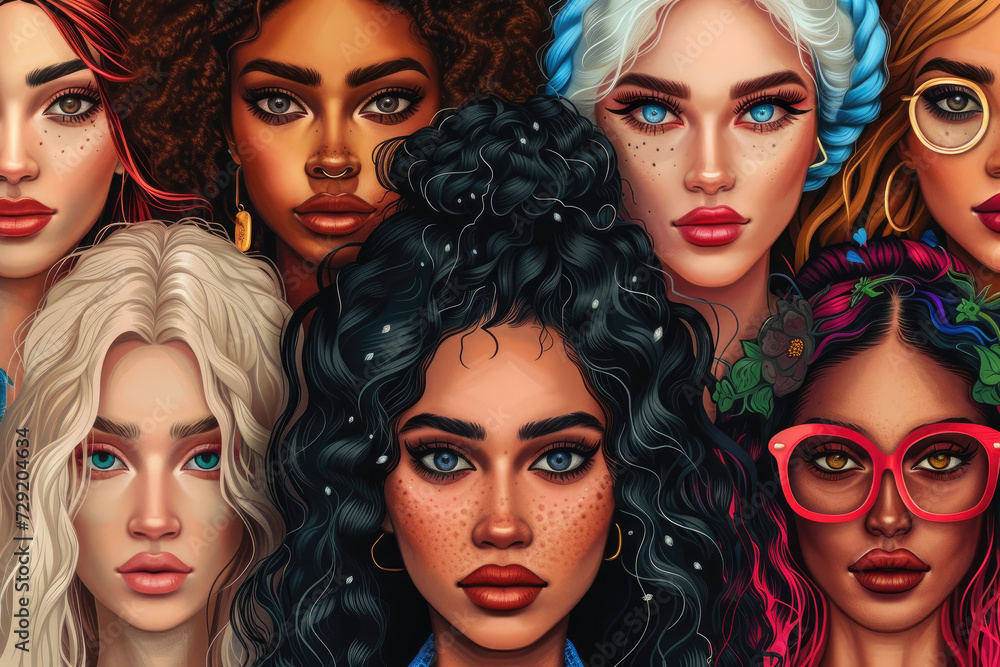 Group of women of different nationalities and cultures, skin colors and ...