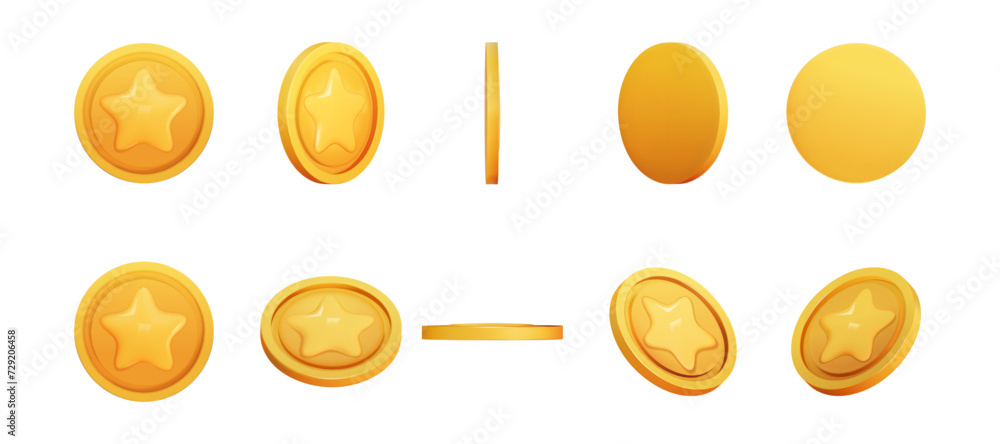 Gold Coin set 3d render different position. Game Money on white ...
