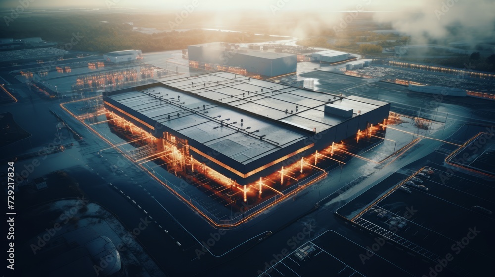 A flight over a manufacturing plant, displaying the assembly lines ...