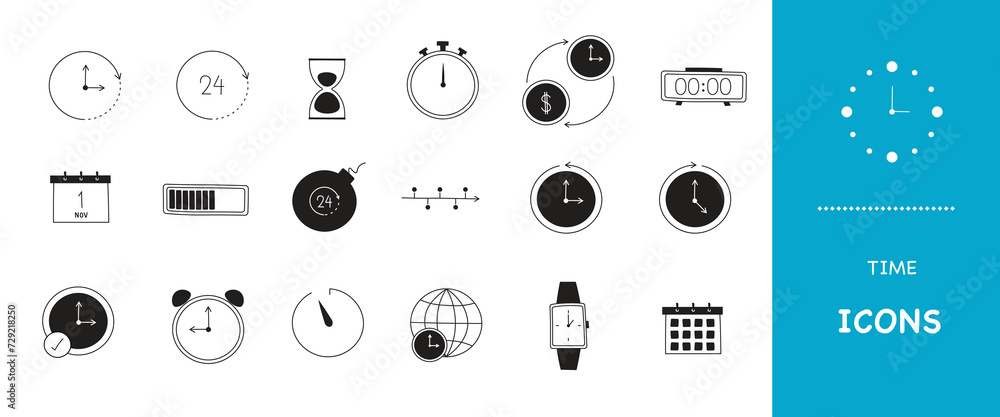 Time Icons - Hand drawn clock icons Stock Vector | Adobe Stock