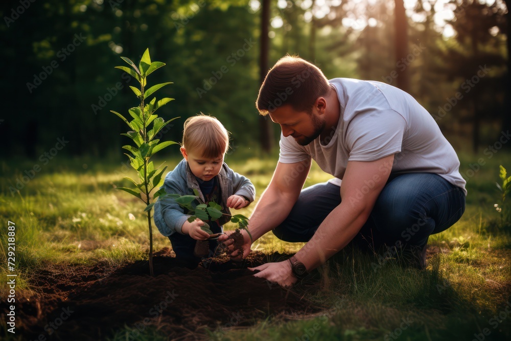 father and son planting a tree together. Family quality time together ...