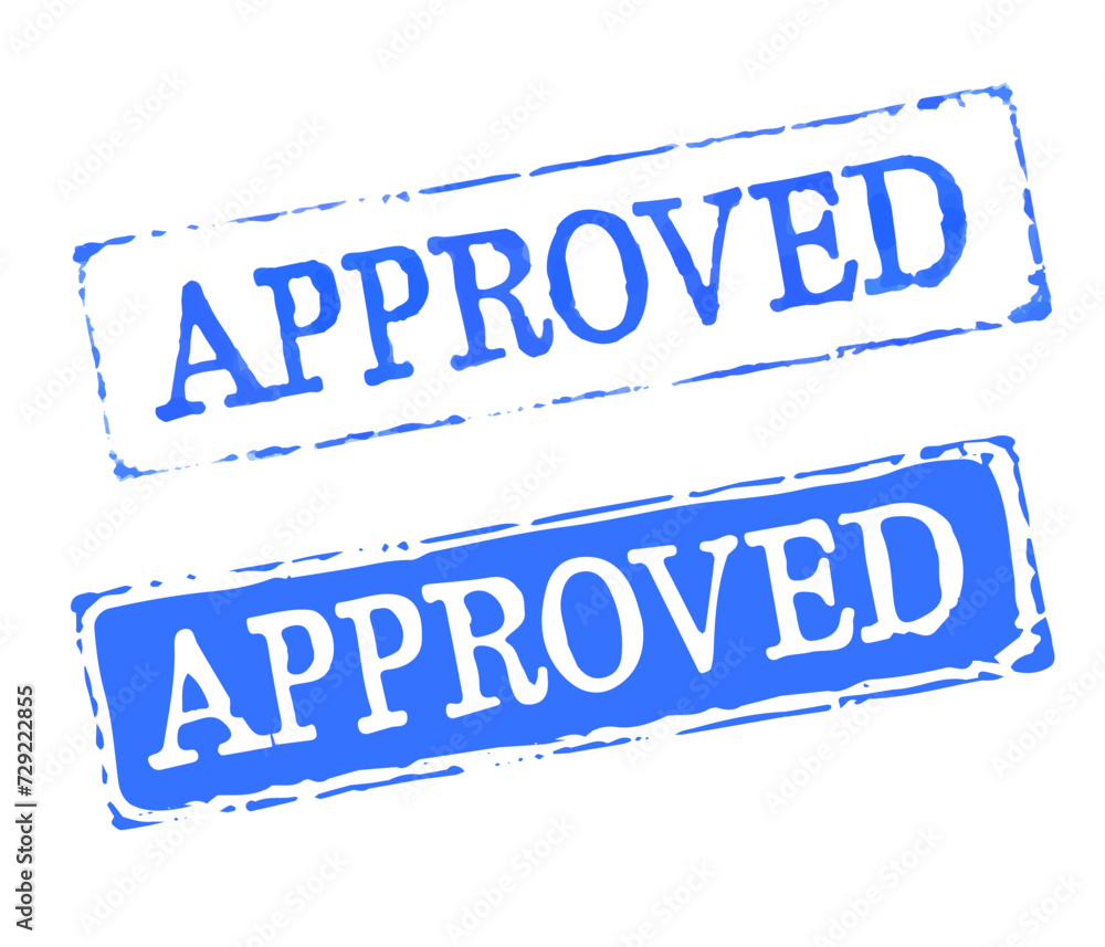 Approved. Text written in blue color with rectangular frame. Rubber ...