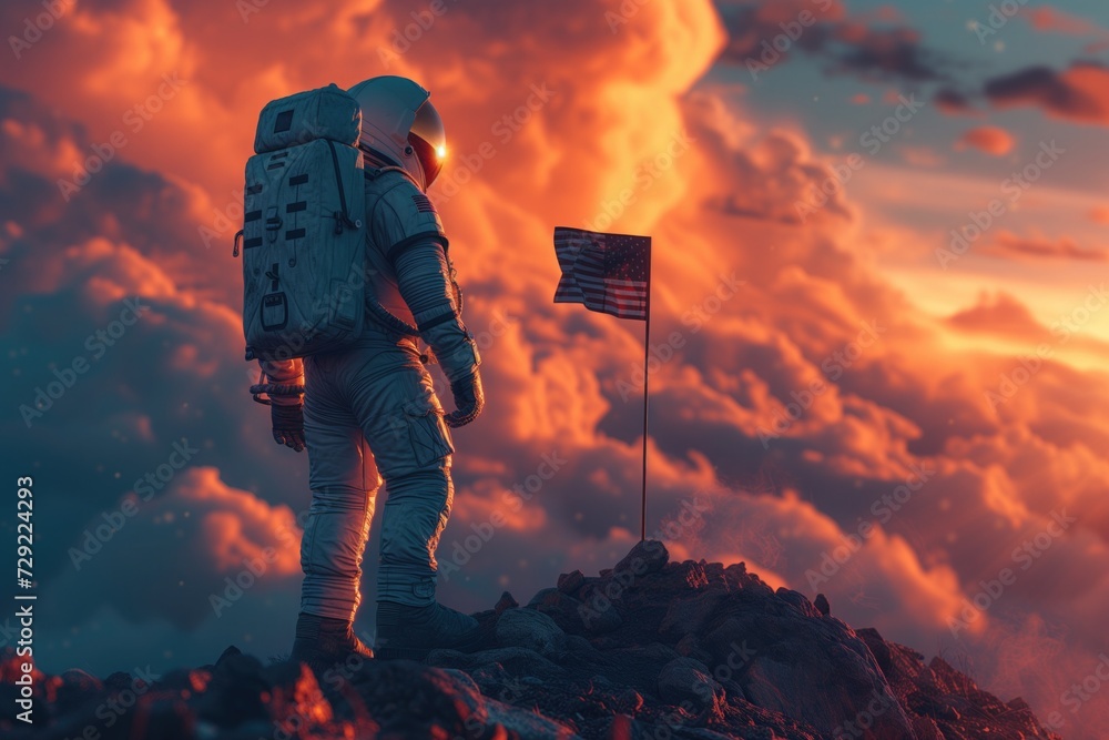 A conceptual photo of an astronaut planting a flag on a newly ...