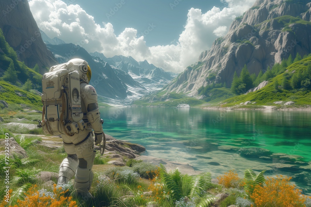A futuristic scene of astronauts exploring a terraformed planet, with ...