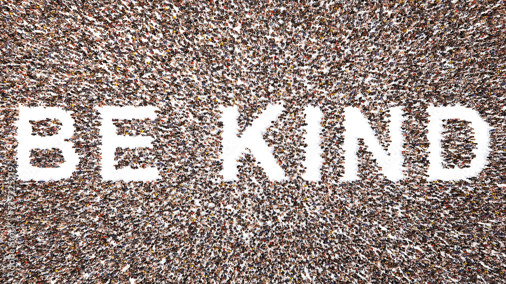 Concept or conceptual large community of people forming BE KIND slogan ...