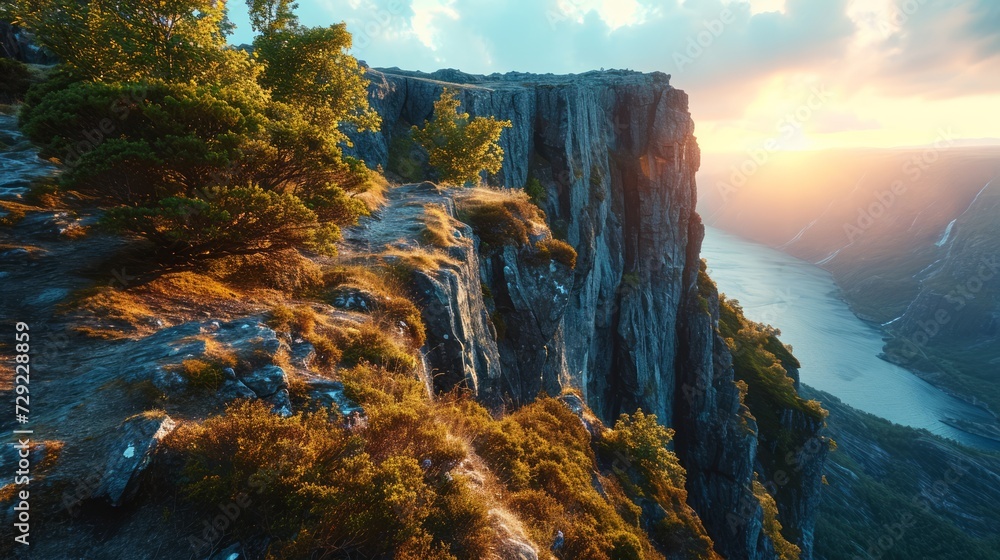 Aerial view of majestic cliffs, warm sunset glow, deep fjords, detailed ...