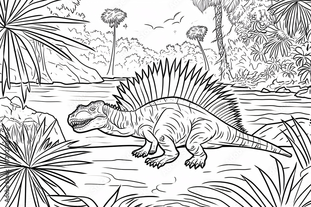 Dimetrodon Dinosaur Black White Linear Doodles Line Art Coloring Page ...