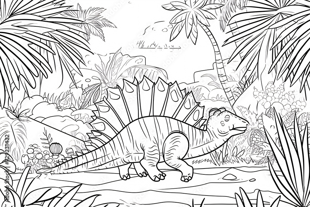 Dimetrodon Dinosaur Black White Linear Doodles Line Art Coloring Page ...