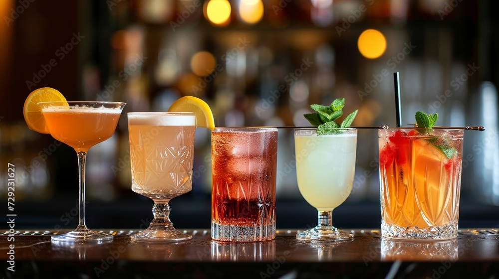 Five cocktails on the bar counter, delicious drink Stock Illustration ...