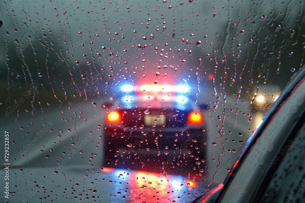 police car with strobes on, seen through a rainsoaked window Stock ...